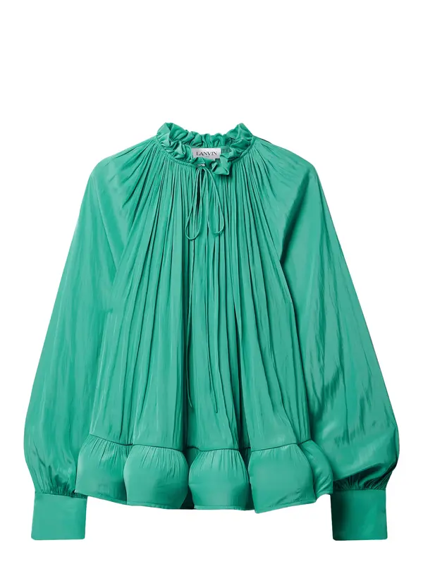 LANVIN Ruffled Gathered Charmeuse Blouse - Green