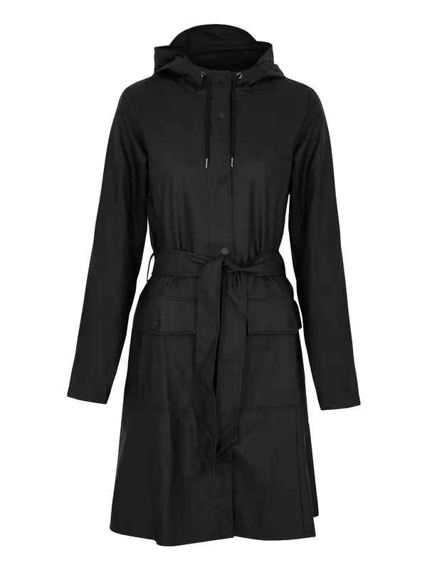 Rains Belted Hooded Rubberised Jacket - Black