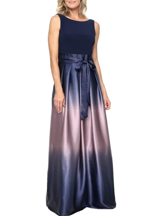SL FASHIONS Slny Ombrè Satin Gown With Bow - Navy/mauve