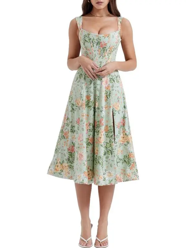 House Of Cb Saira Floral Lace-up Corset Cocktail Dress - Light Jade Print