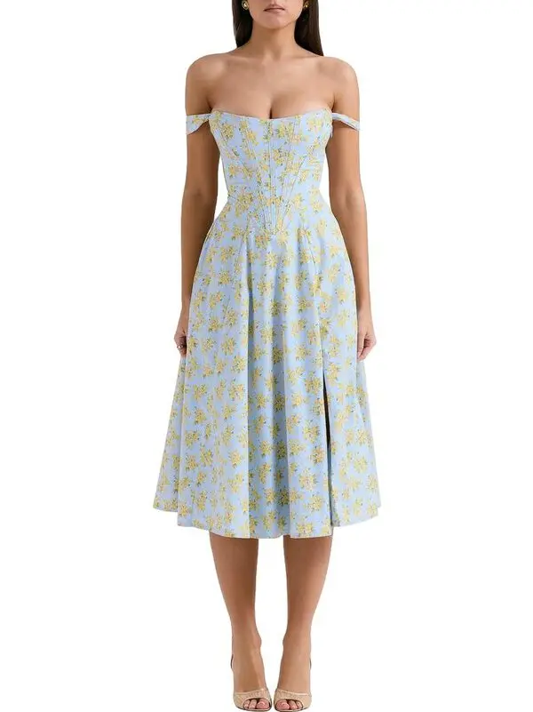 House Of Cb Saira Floral Lace-up Corset Cocktail Dress - Print Light Blue