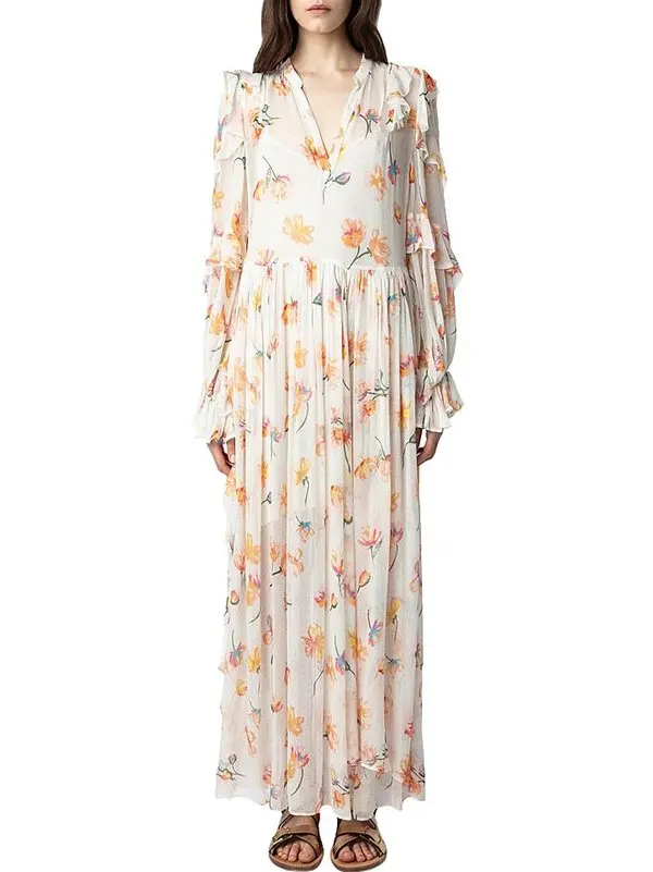 Zadig&Voltaire Riciny Mousseline Ruffled Floral Maxi Dress - Mastic