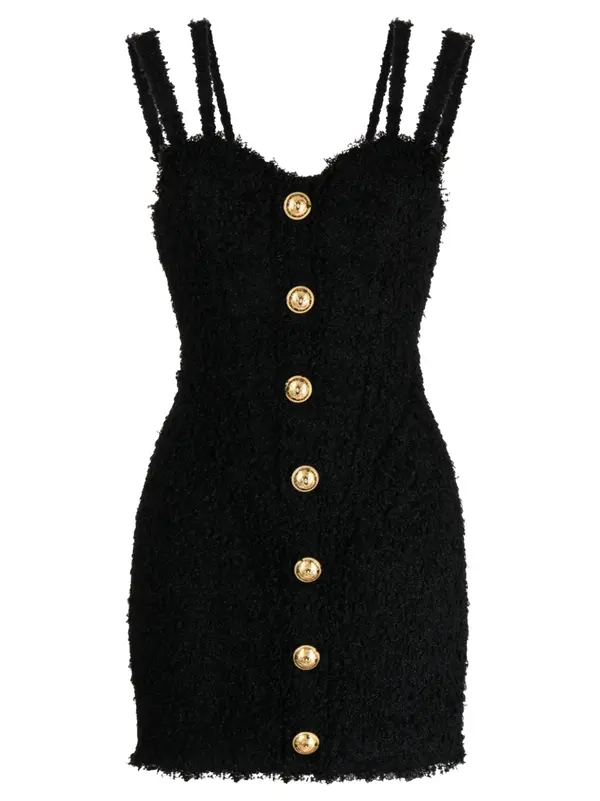 Balmain Button-embellished Tweed Minidress - Black