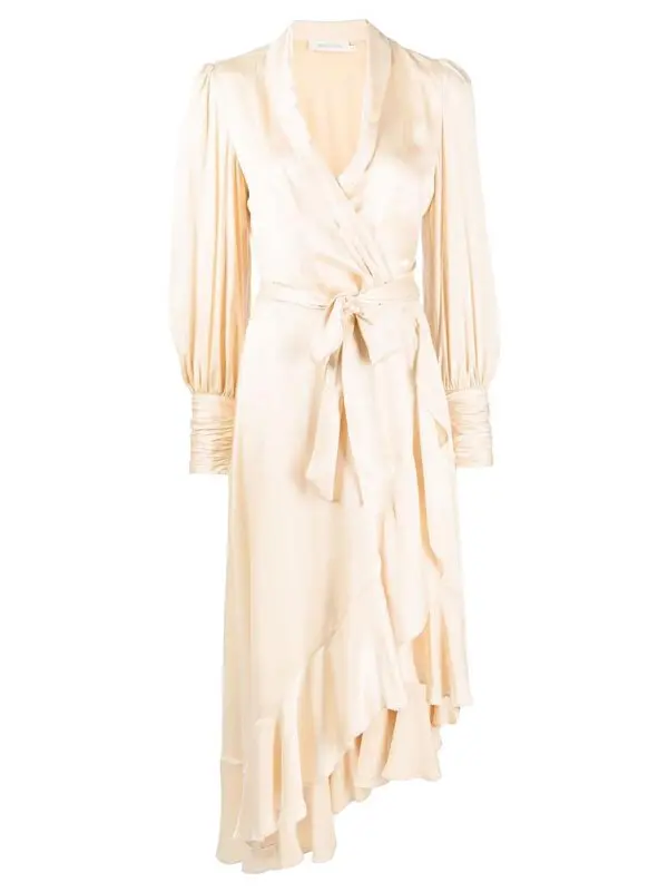 Zimmermann Silk Ruffled Wrap Midi Dress - Neutrals