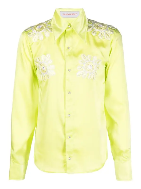BLUEMARBLE Floral-embroidery Satin Shirt - Green