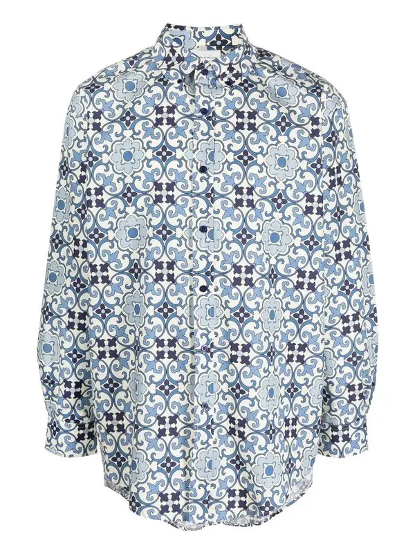 Drole De Monsieur Faïence Geometric-print Cotton Shirt - Blue