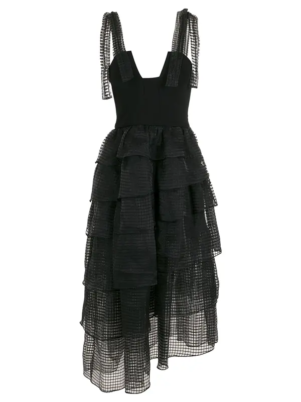 OLYMPIAH Mesh-tiered Bodice Midi Dress - Black