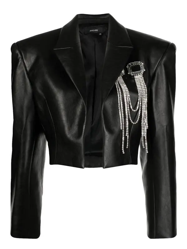 ANOUKI Embellished Faux-leather Cropped Blazer - Black