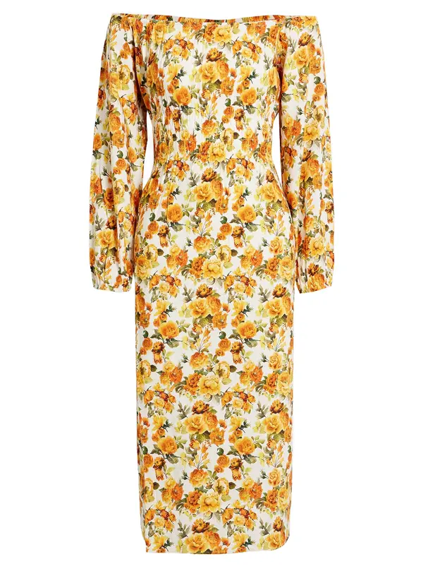 Onia Off-the-shoulder Floral-print Linen-blend Midi Dress - Orange