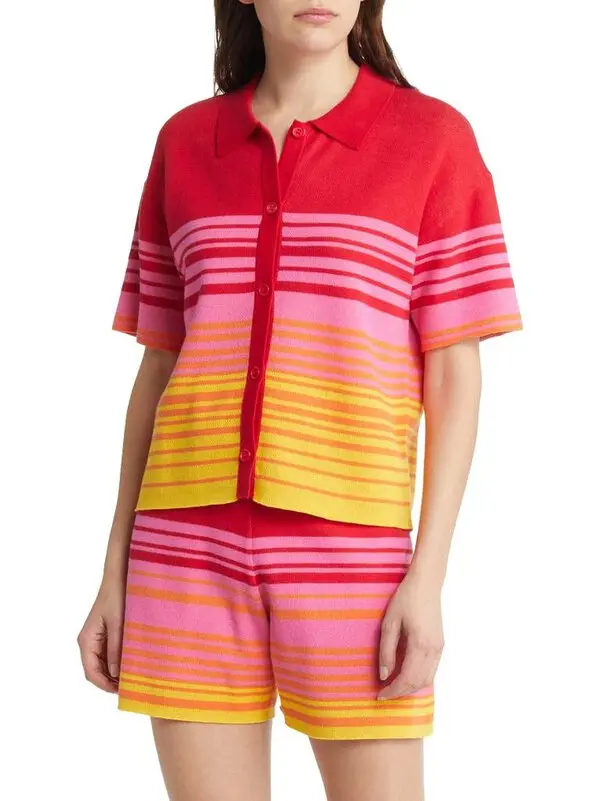 Monrow Striped Polo Sweater - Sunset