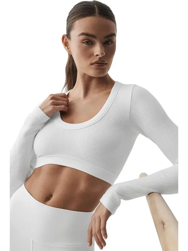 Alo Yoga Seamless Ribbed Cropped Long Sleeve Top - White