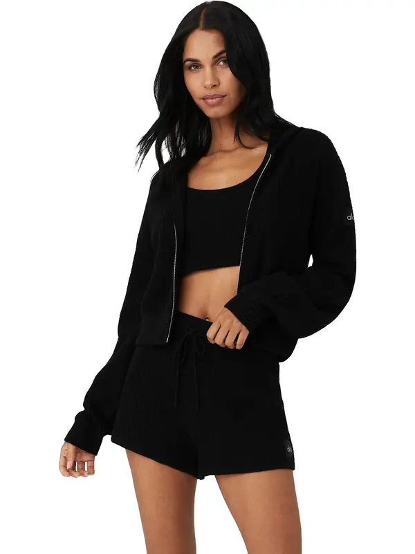 Alo Yoga Cashmere Plush Waffle Full Zip Hoodie - Black