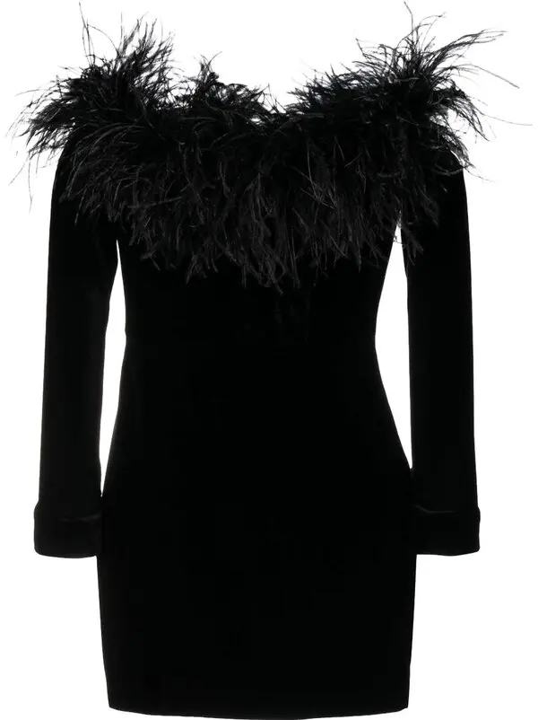 Alessandra Rich Feather-trimmed Velvet Minidress - Black
