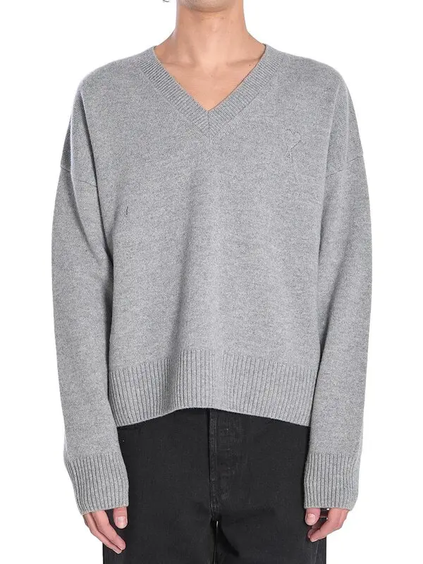 Ami V-neck Wool-cashmere Blend Sweater - Grey