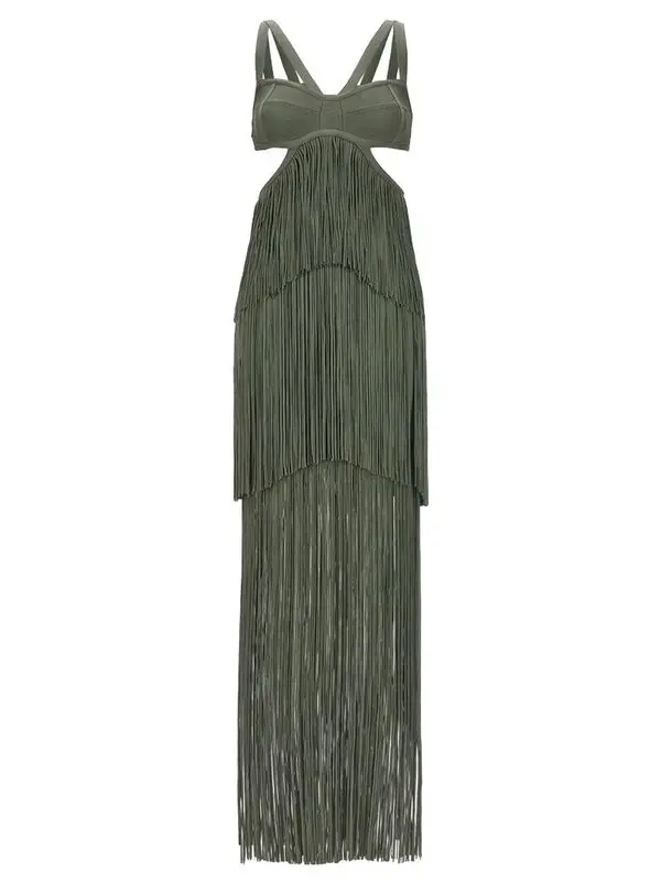Herve Leger Strappy Tiered Fringe Dress - Green