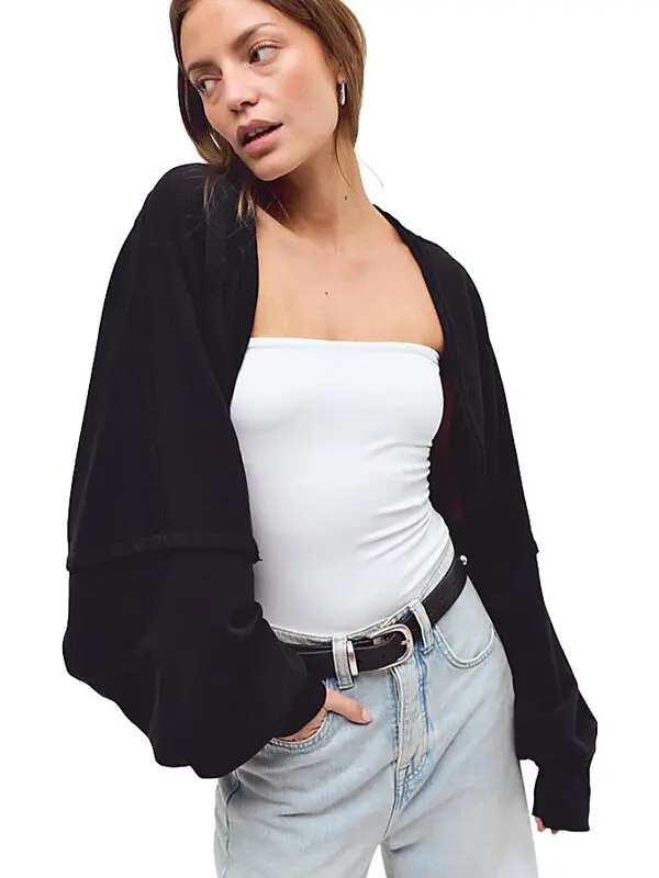 Free People Shrug It Off Sweatshirt Cropped Dolman Sleeve Open-front - Black
