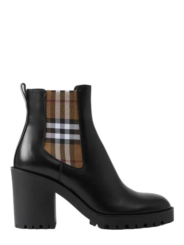 Burberry Check Panel Leather Ankle Boots - Black