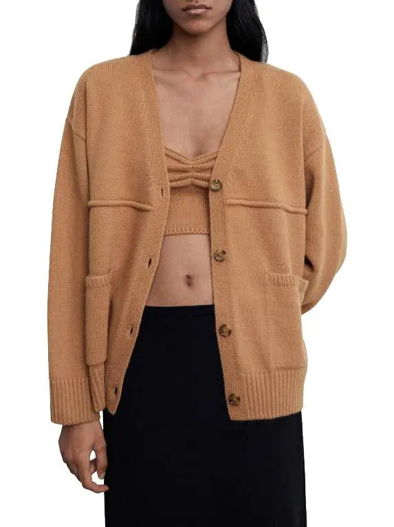 Mango Patch Pocket V-neck Cardigan - Caramel