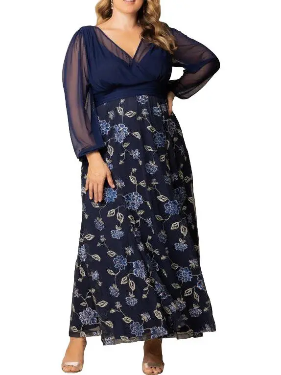 KIYONNA Isabella Embroidered Gown - Navy Blue Blooms