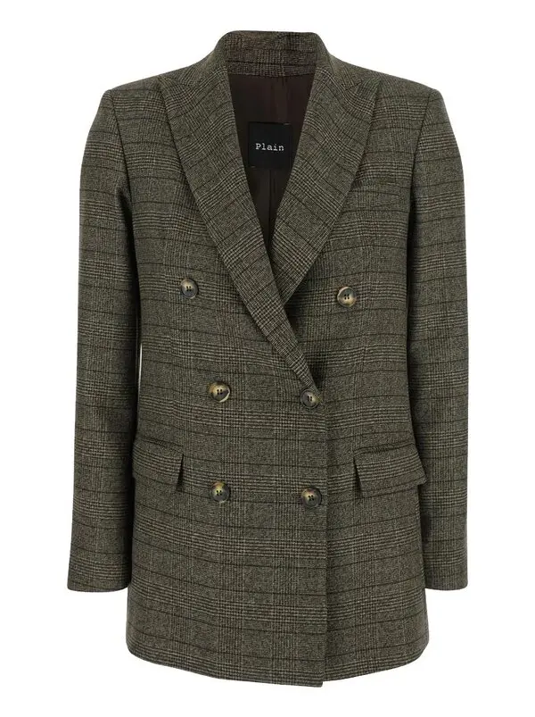 PLAIN Double-breasted Striped Wool Jacket - Brown