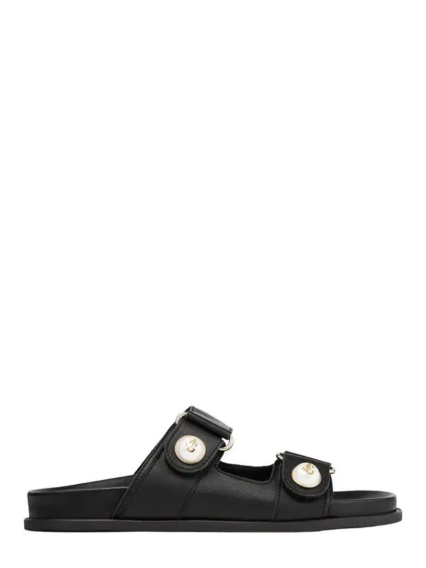 JIMMY CHOO Fayence Flat Leather Sandals With Pearl Embellishment - Black