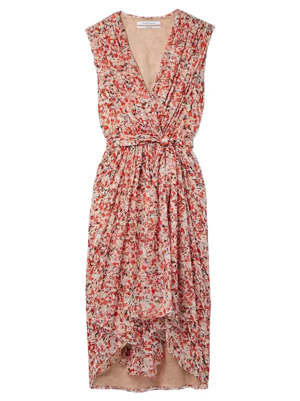 Another Tomorrow Net Sustain Gathered Printed Peace Silk Midi Dress - Red