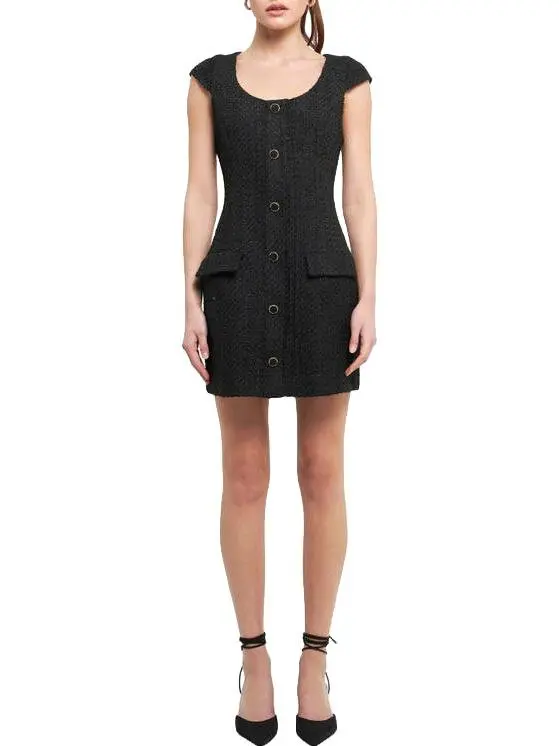 Endless Rose Scoop Neck Tweed Sheath Minidress - Black