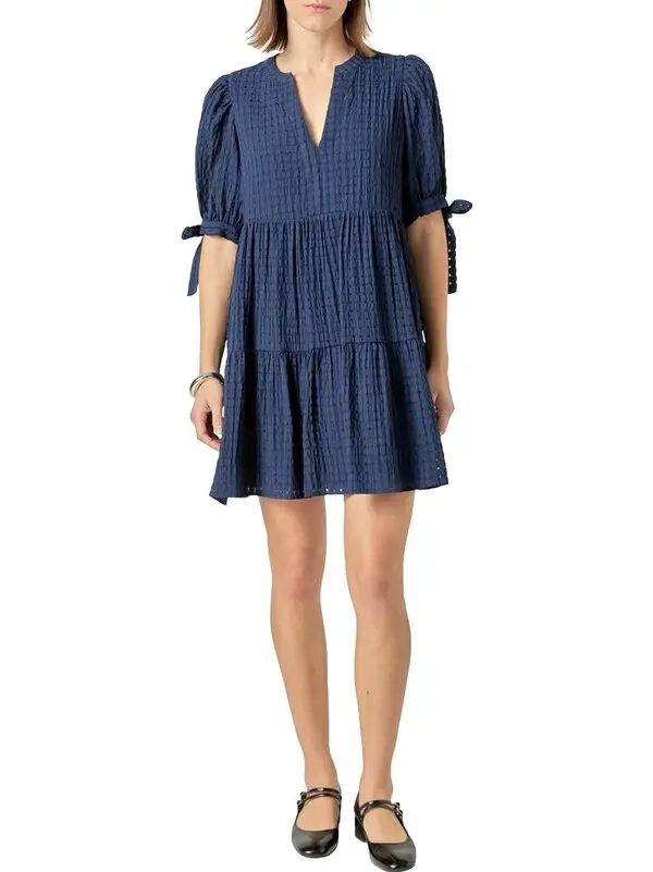 English Factory Texture Puff Sleeve Dress - Navy