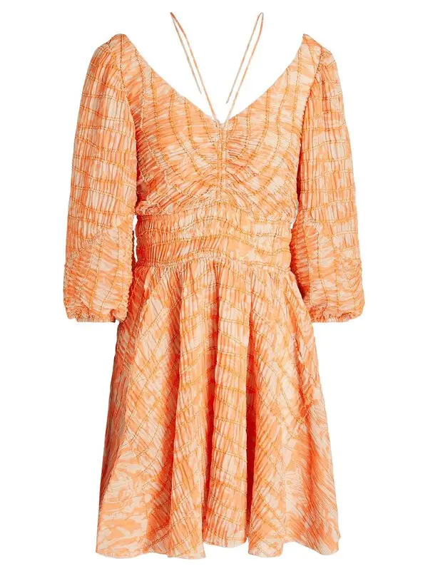 Simkhai Lena Shirred Printed Chiffon Mini Dress - Orange