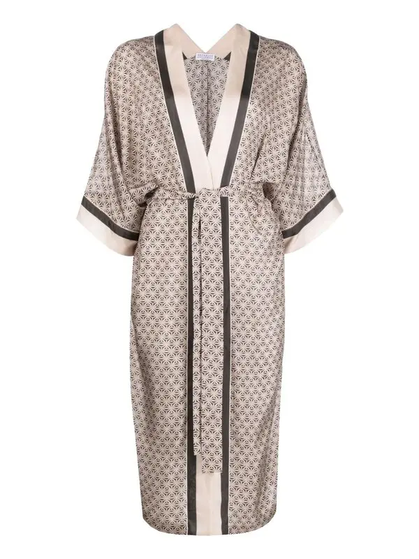 Brunello Cucinelli Geometric-print Silk Wrap Coat - Neutrals