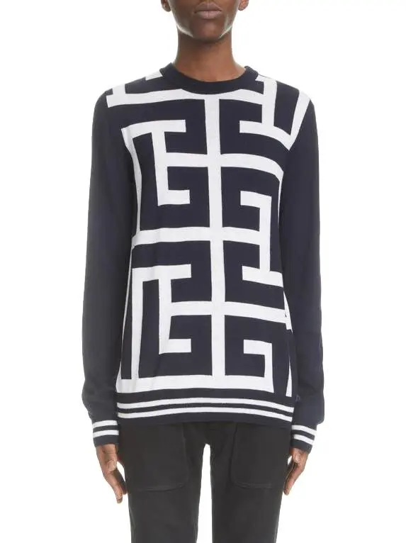 Balmain Maxi Monogram Merino Wool Sweater - Ggd - White/navy