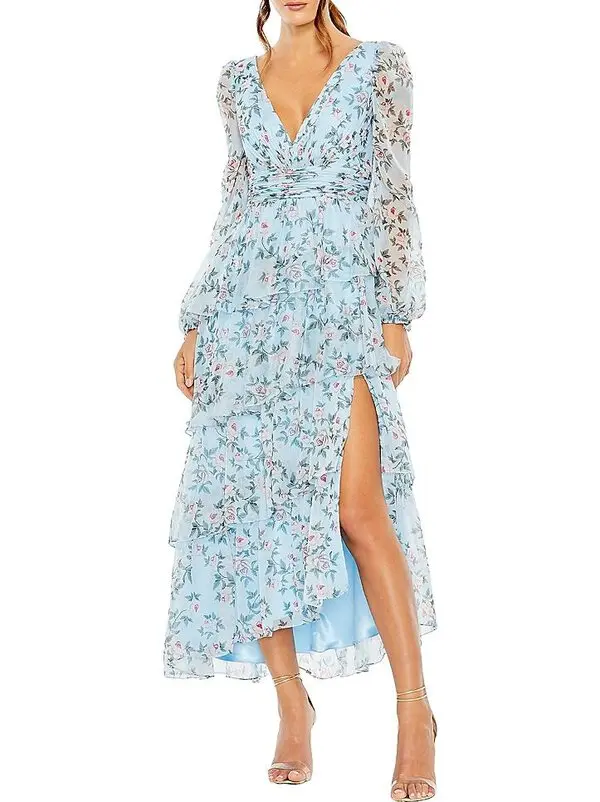 Mac Duggal Gathered Tiered Midi Dress - Aqua Multi