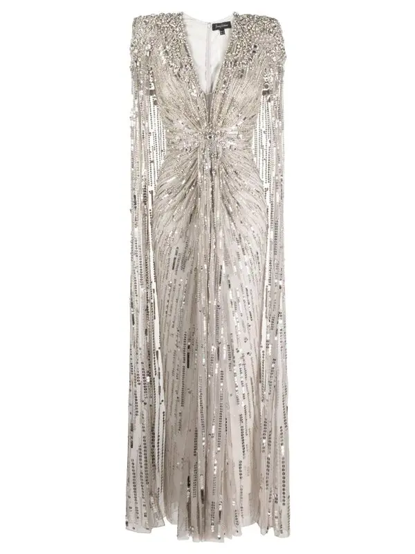 Jenny Packham Lotus Lady Embellished Cape Gown - Grey