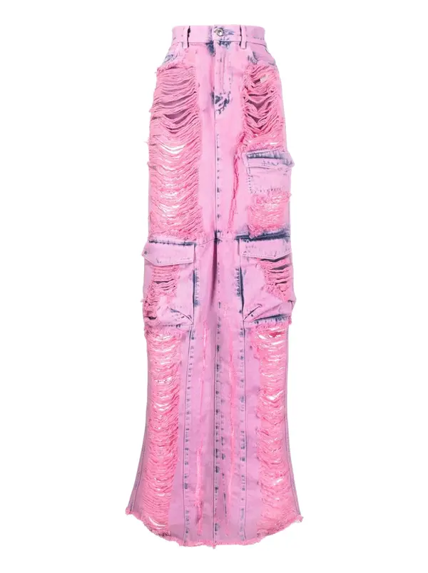 Gcds Frayed Denim Cargo Maxi Skirt - Pink