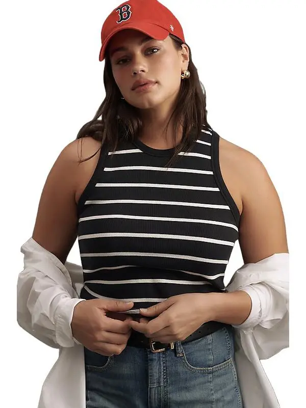Maeve Stretch Cotton Crop Racerback Tank Top - Black & White Stripe
