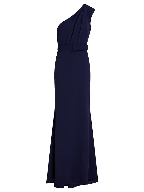 Badgley Mischka One-shoulder Belted Crepe Gown - Navy