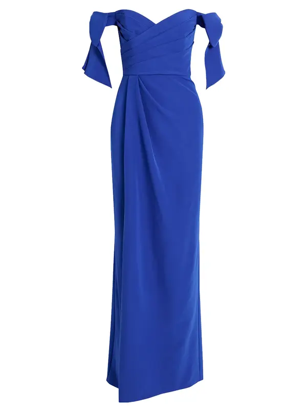 Marchesa Off-the-shoulder Crepe Gown With Bow Embellishments - Royal Blue