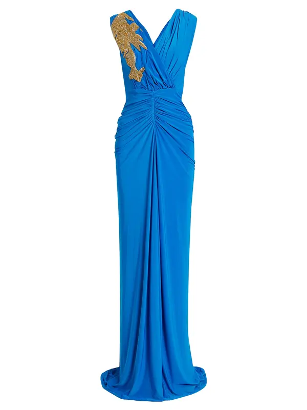 RHEA COSTA Bead-embellished Ruched Jersey Gown - Blue