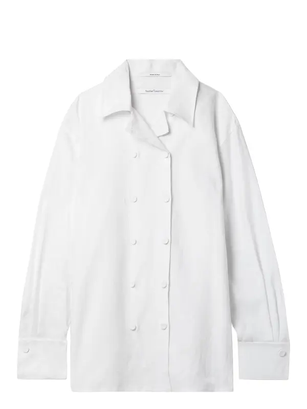 Another Tomorrow Net Sustain Double-breasted Linen Shirt - White