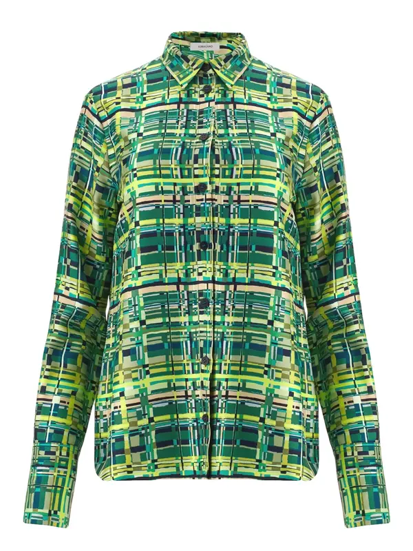 FERRAGAMO Long-sleeved Checkered Silk Shirt - Green