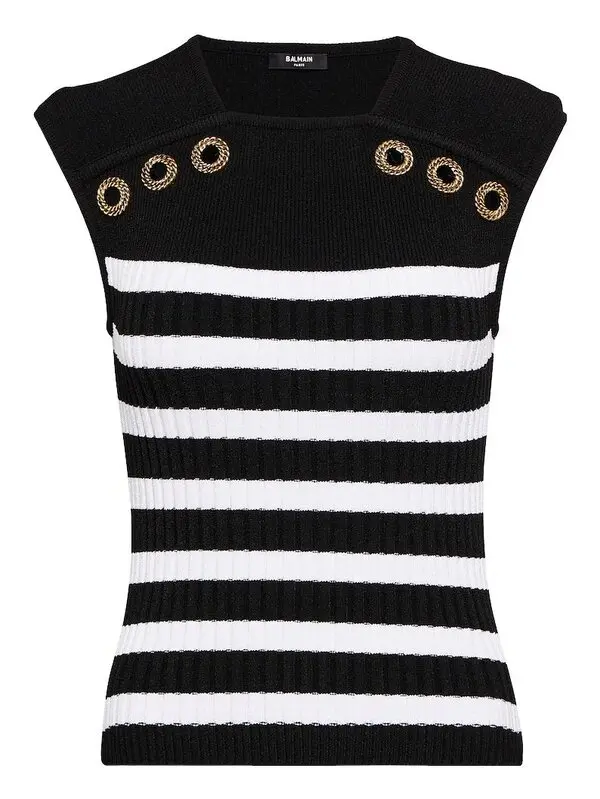 Balmain Striped Ribbed-knit Top - Black