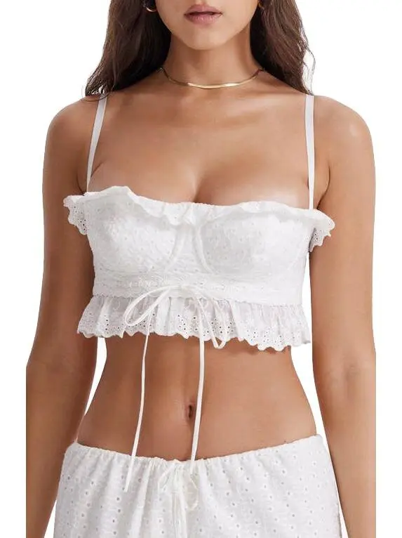 House Of Cb Federica Ruffle Embroidered Crop Top - White