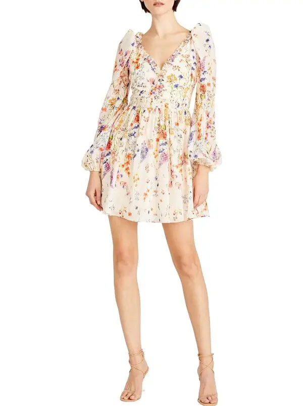 Monique Lhuillier Lila Floral Print Chiffon Mini Dress - Wildflower Meadow