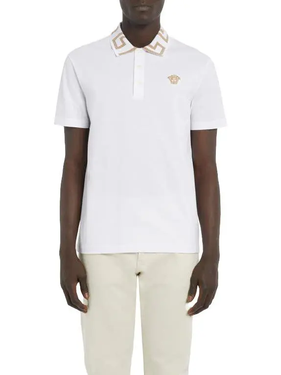 Versace Metallic Greca Collar Piqué Polo - 1w000-optical White