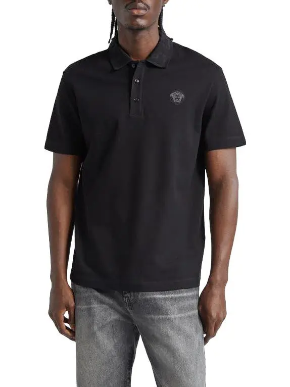 Versace Metallic Greca Collar Piqué Polo - Black Black