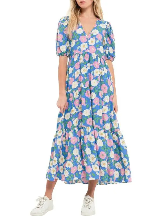 English Factory Floral Puff Sleeve Midi Dress - Blue
