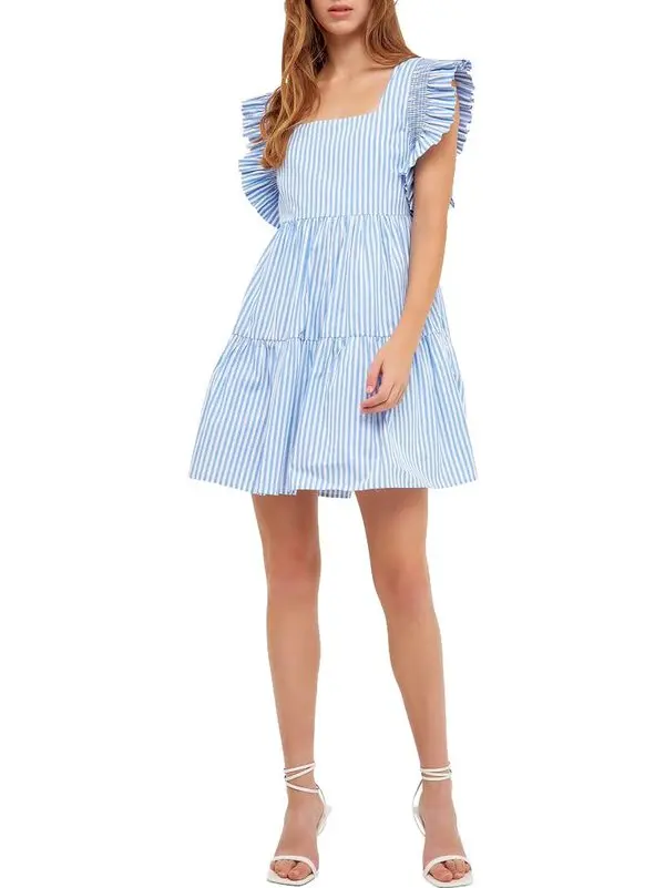 English Factory Stripe Square Neck A-line Dress - Blue Stripe