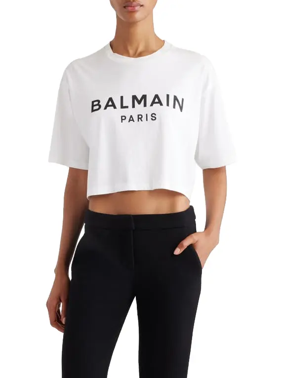 Balmain Logo Crop Cotton T-shirt - Gab White/black