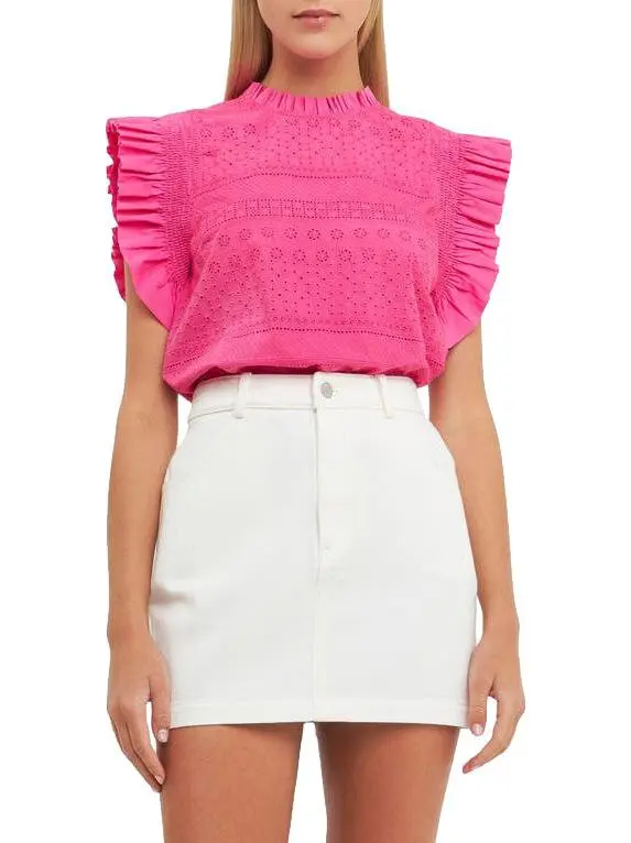 English Factory Embroidered Ruffle Blouse - Fuchsia