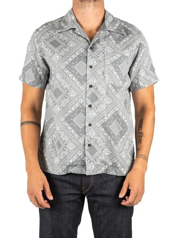 HIROSHI KATO The Wrench Waffle Bandana Print Short Sleeve Button-up Camp Shirt - Gray Bandana